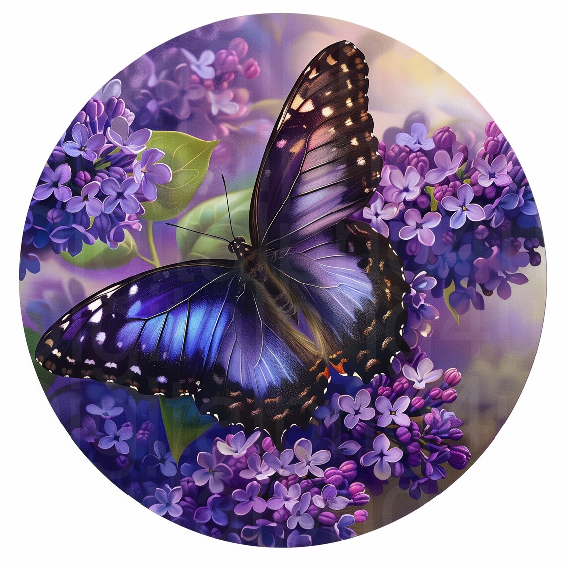 Purple Butterfly and Flowers Round Png Sublimation Digital Design ...