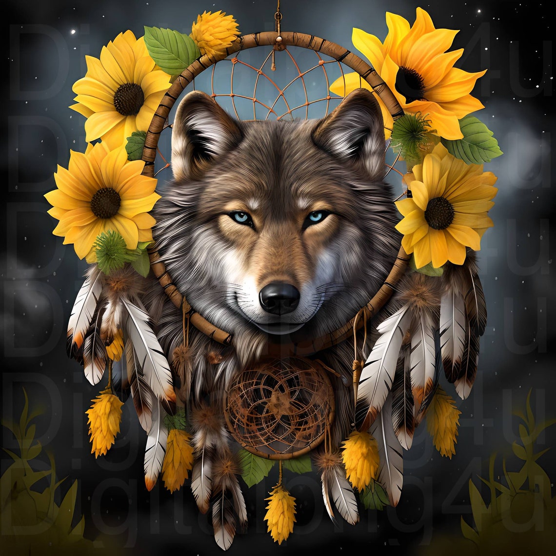 Wolf Dream Catcher Sunflowers Png Sublimation Digital Design Download ...