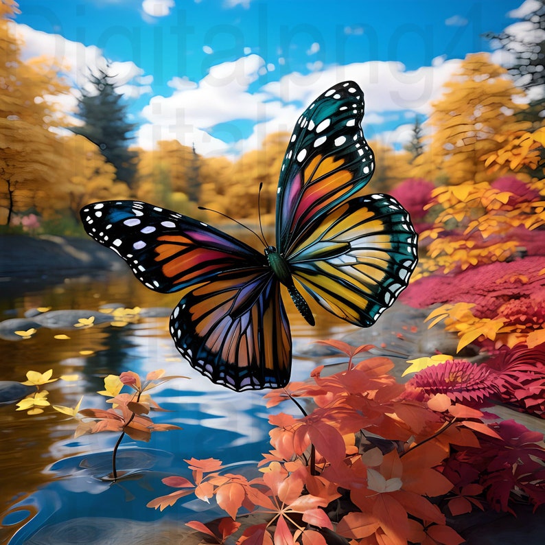 Beautiful Colorful Butterfly Fall Scene Png Sublimation Digital Design ...