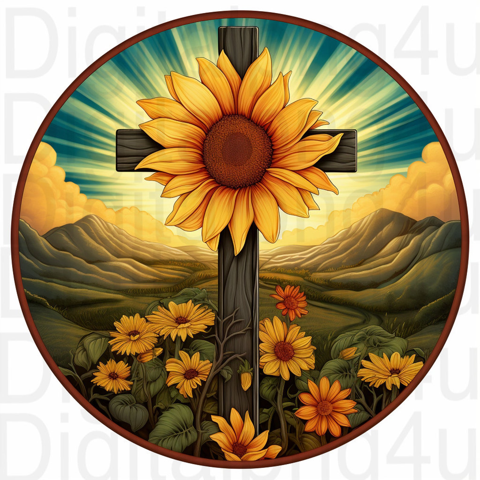 Cross and Sunflowers Round Png Sublimation Digital Design Download ...
