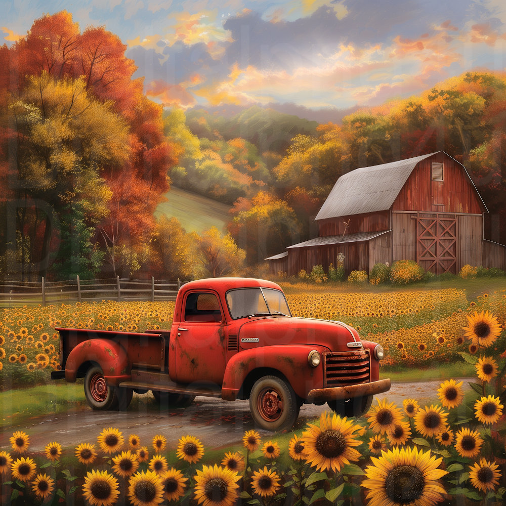 Red Truck and Barn Fall Sunflowers PNG Sublimation Digital Design ...