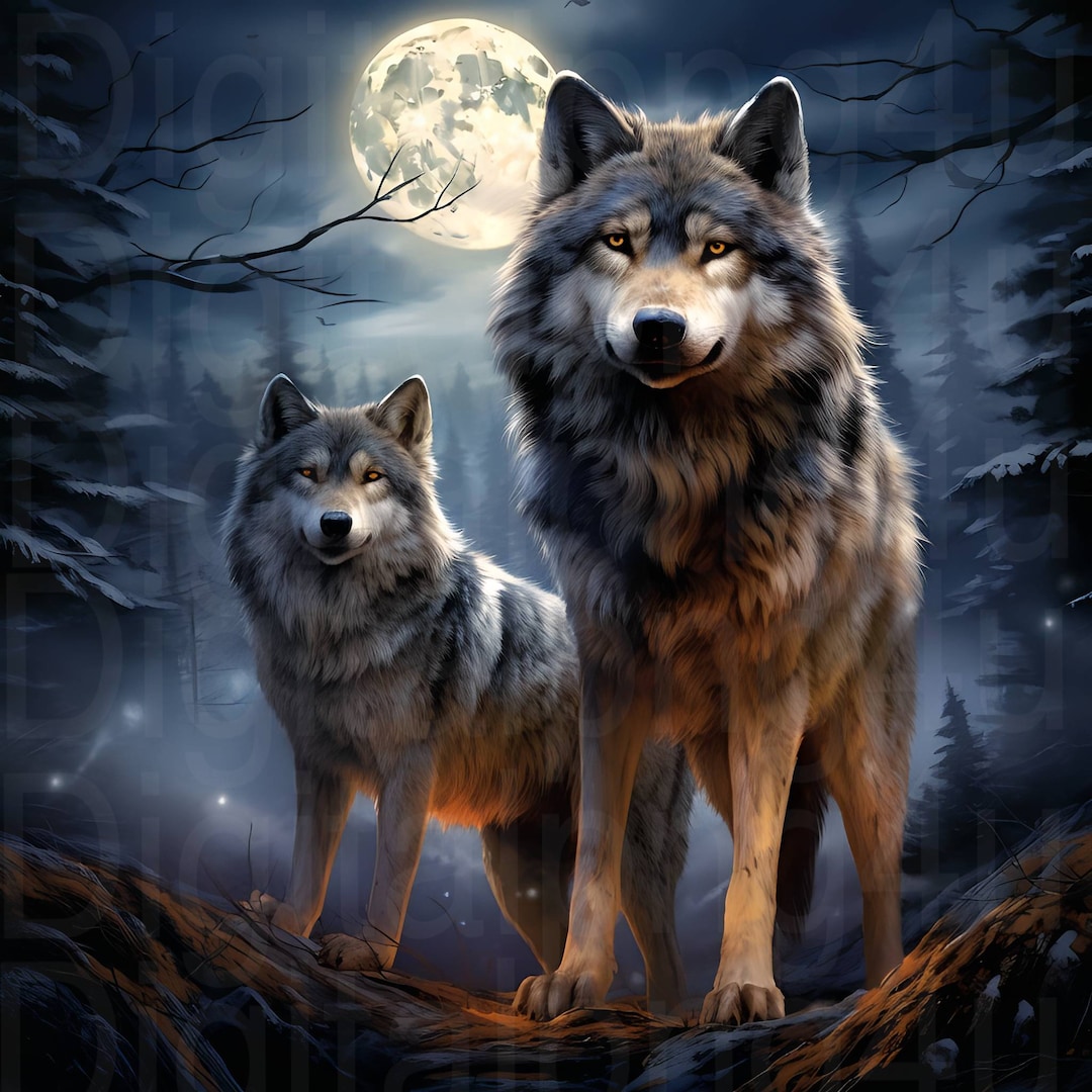 Wolves and Full Moon Scene Png Sublimation Digital Design Download ...