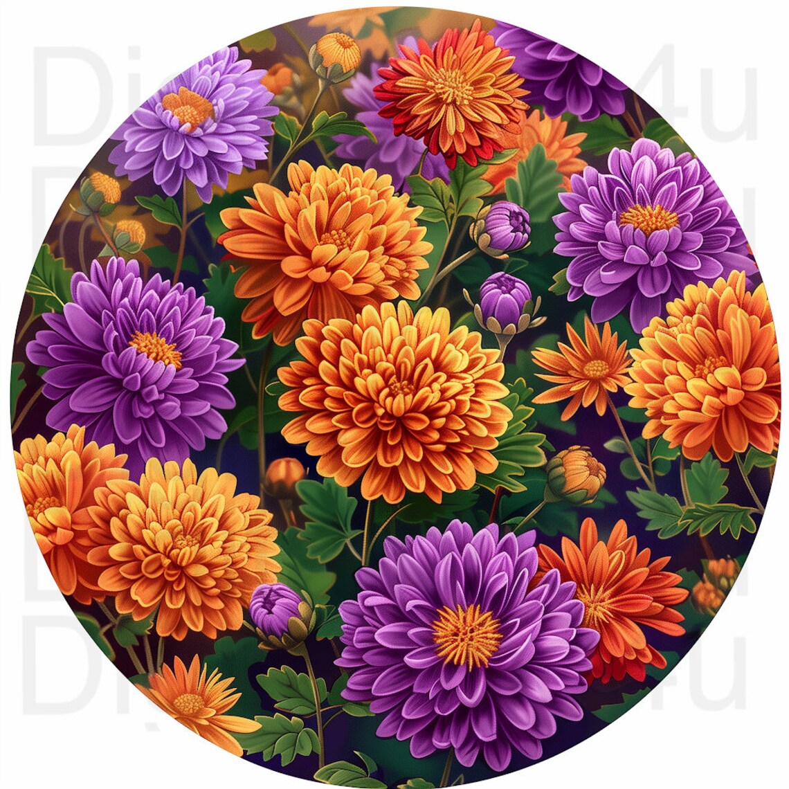 Mums Fall Flowers Round PNG Sublimation Digital Design Download Wreath ...