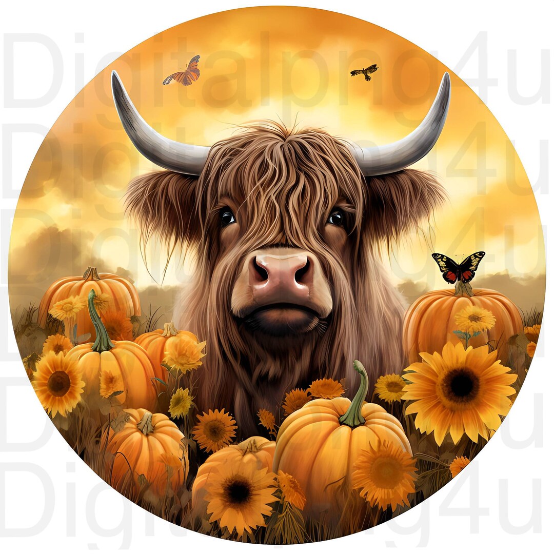 Highland Cow Fall Pumpkins Round Png Sublimation Digital Design ...