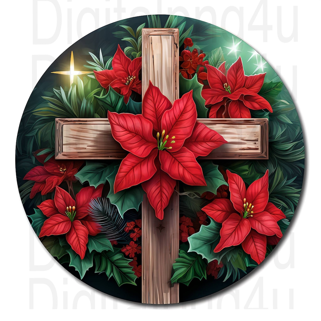 Beautiful Christmas Cross and Poinsettias Round Png Sublimation Digital ...