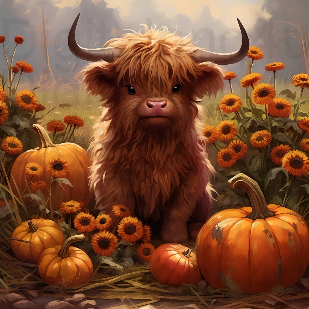 Highland Cow Pumpkins Fall Sunflowers Png Sublimation Digital Design ...