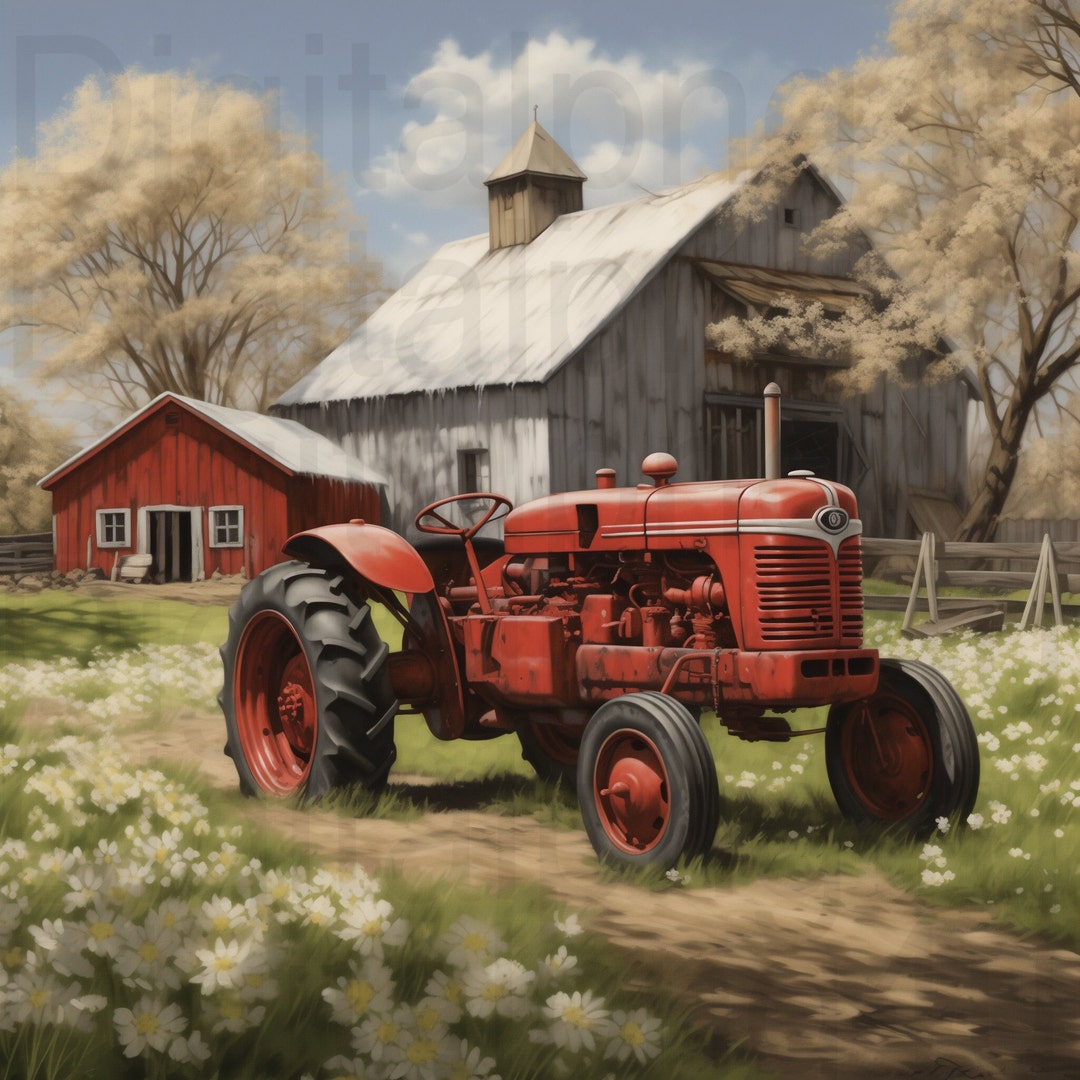 Tractor and Barn Spring Time Farm Scene Png Sublimation Digital Design ...