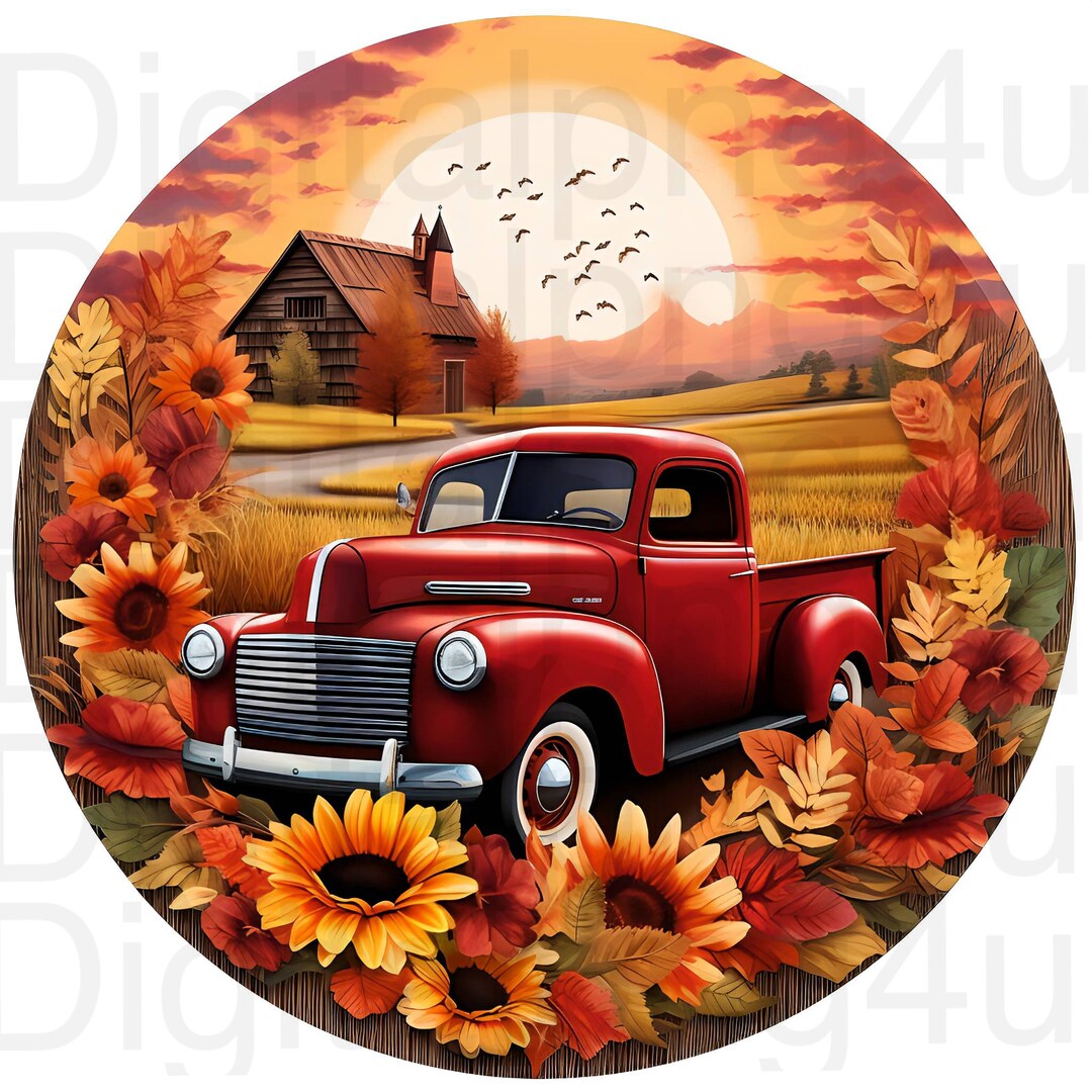 Red Truck Fall Round Png Sublimation Digital Design Download Wreath ...