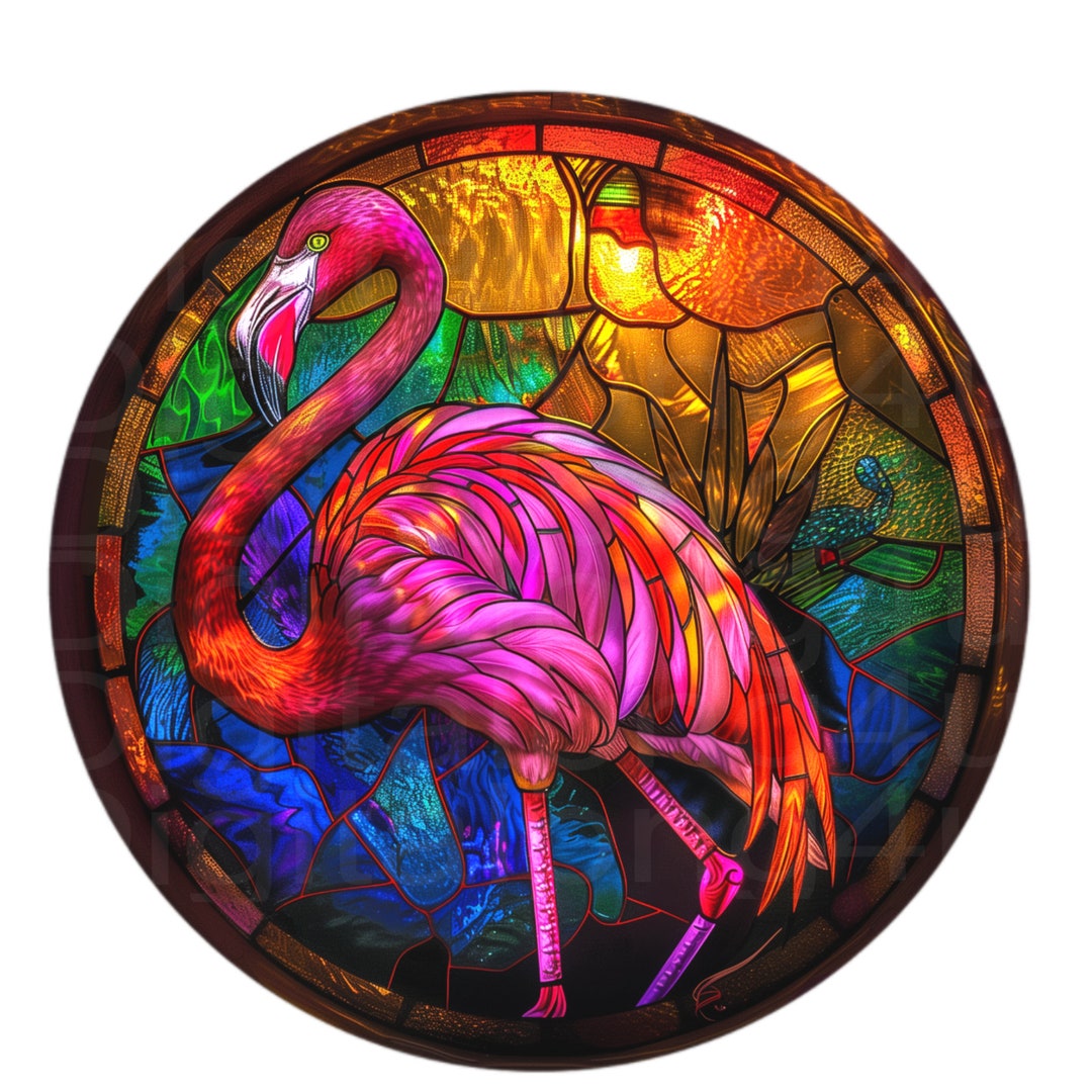 Flamingo Round Stained Glass Style Png Sublimation Digital Design ...
