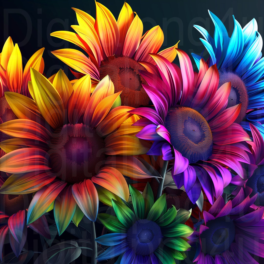 Sunflowers Colorful Rainbow Sunflowers With a Black Background PNG ...