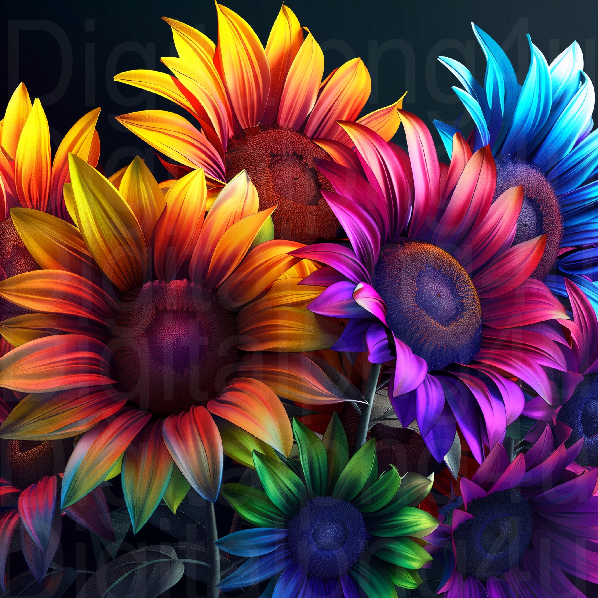 Sunflowers Colorful Rainbow Sunflowers With a Black Background PNG ...