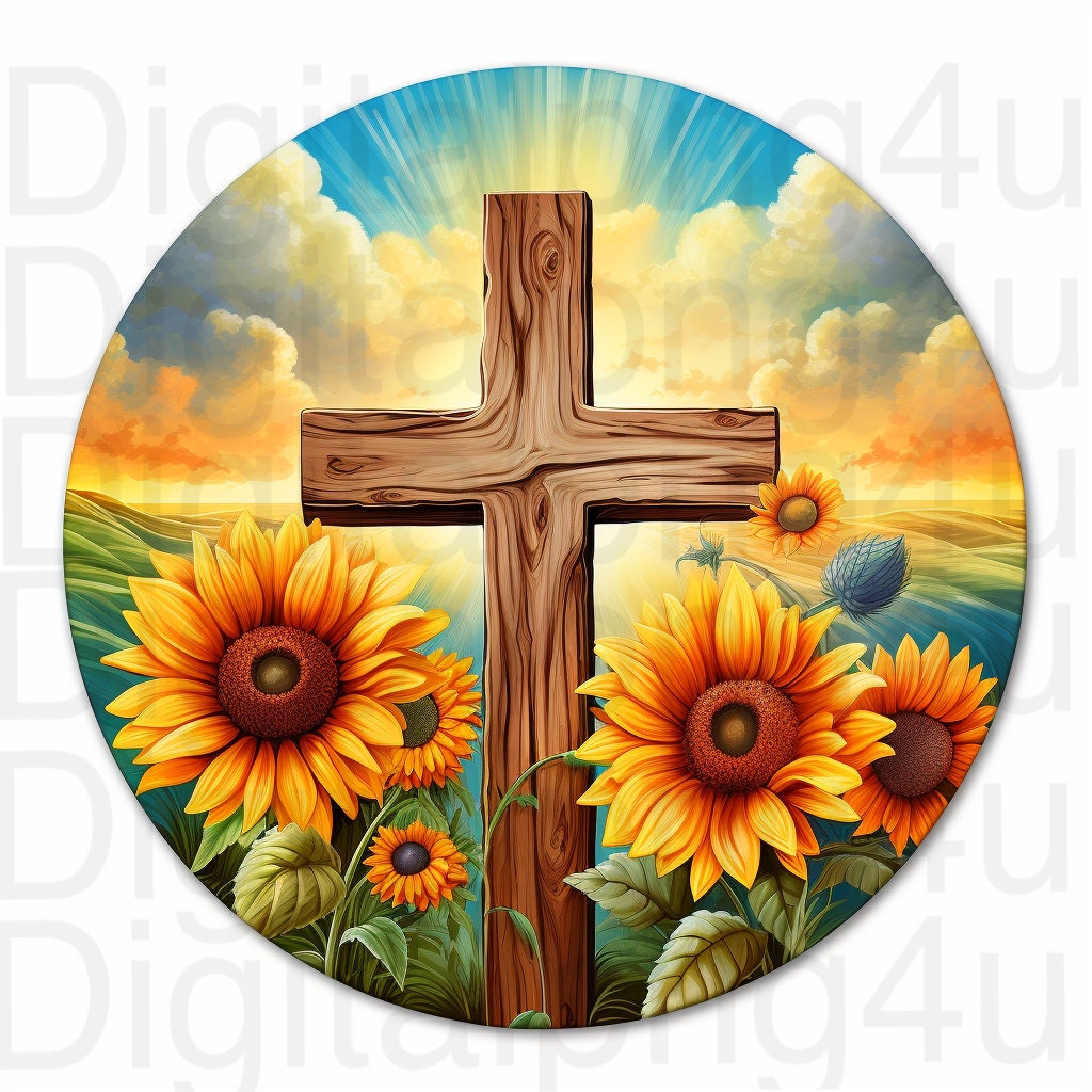 Beautiful Cross and Sunflowers Round Png Sublimation Digital Design ...