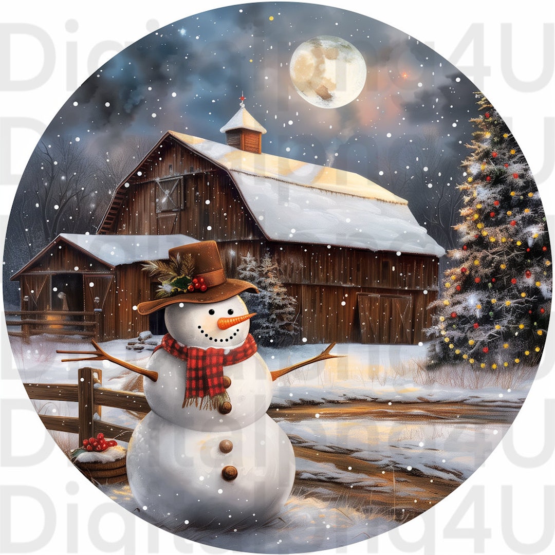 Snowman and Barn Round PNG Sublimation Digital Design Download Wreath ...