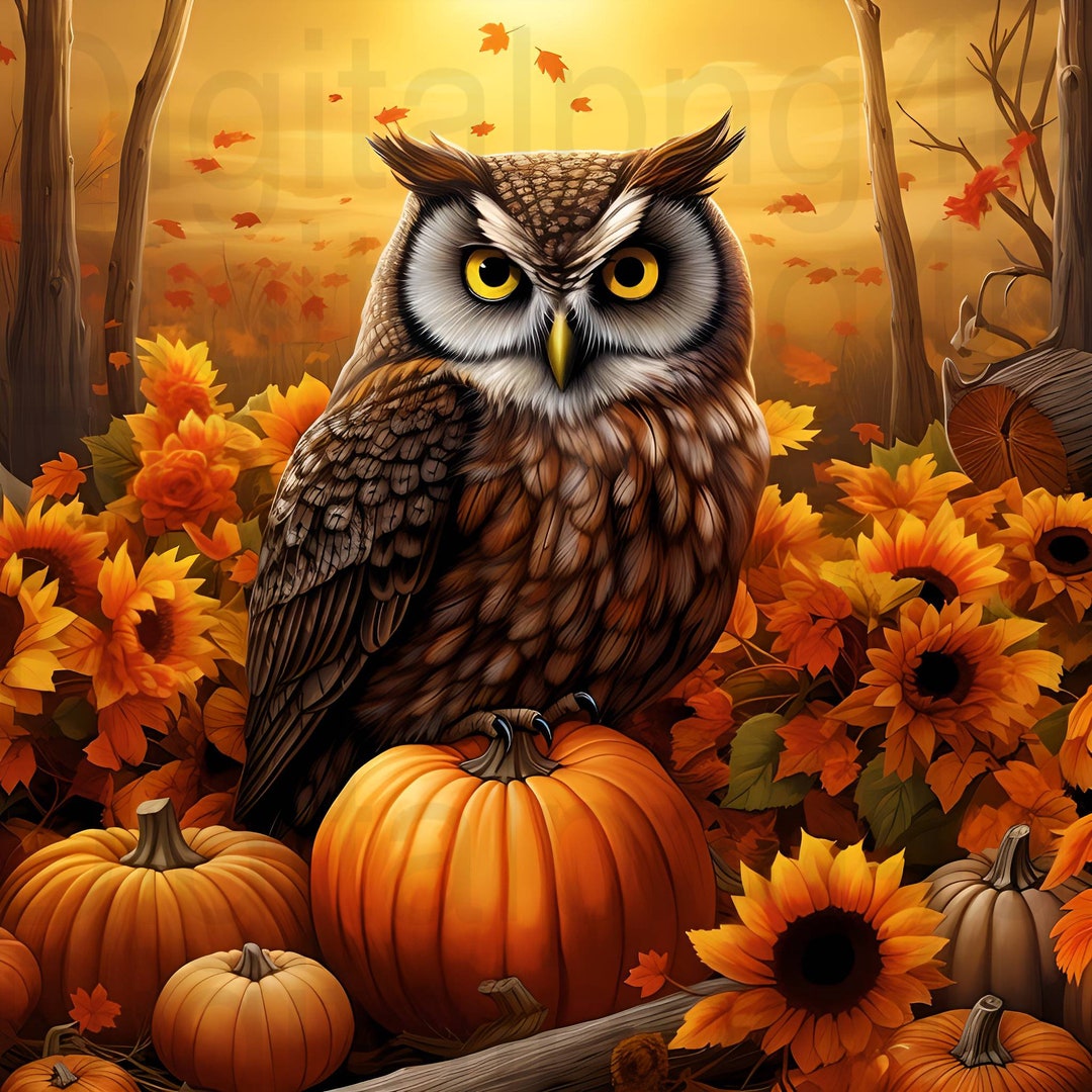 Owl Fall Scene With Pumpkins and Fall Leaves Png Sublimation Digital ...