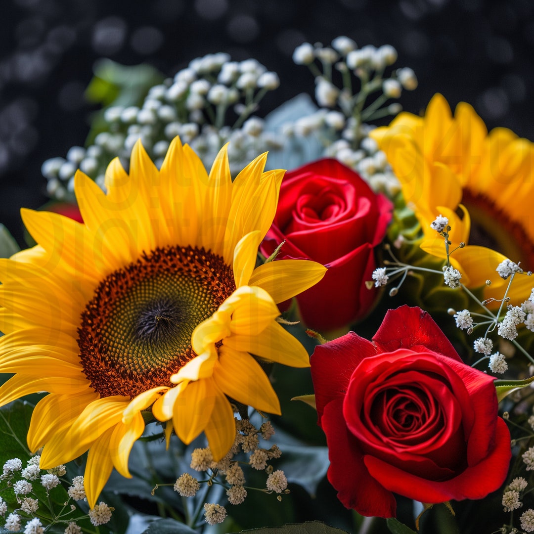 Sunflowers and Roses With a Black Background Png Sublimation Digital ...