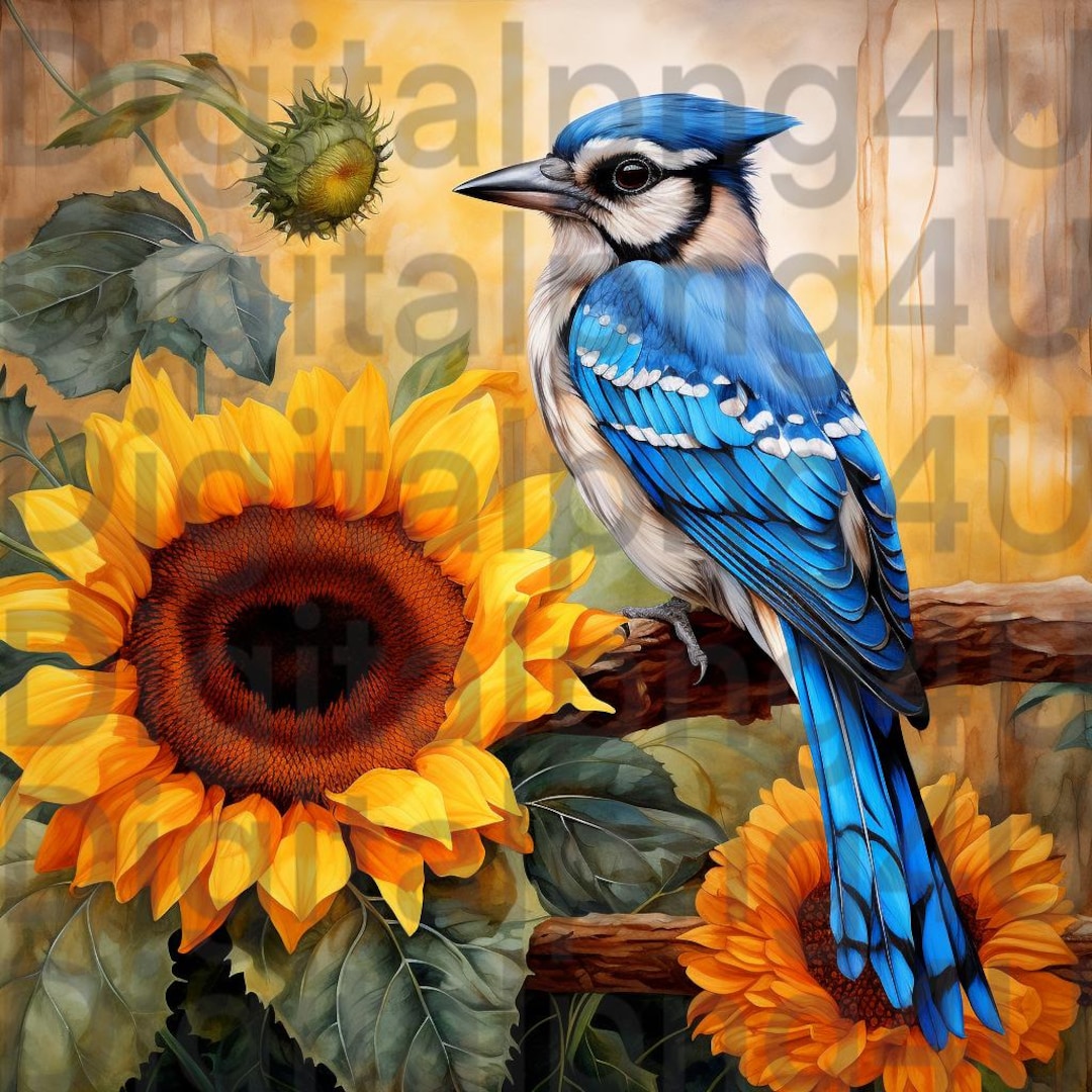 Blue Jay and Sunflowers Fall PNG Sublimation Digital Design Download Wreath Sign Wind Spinner ...