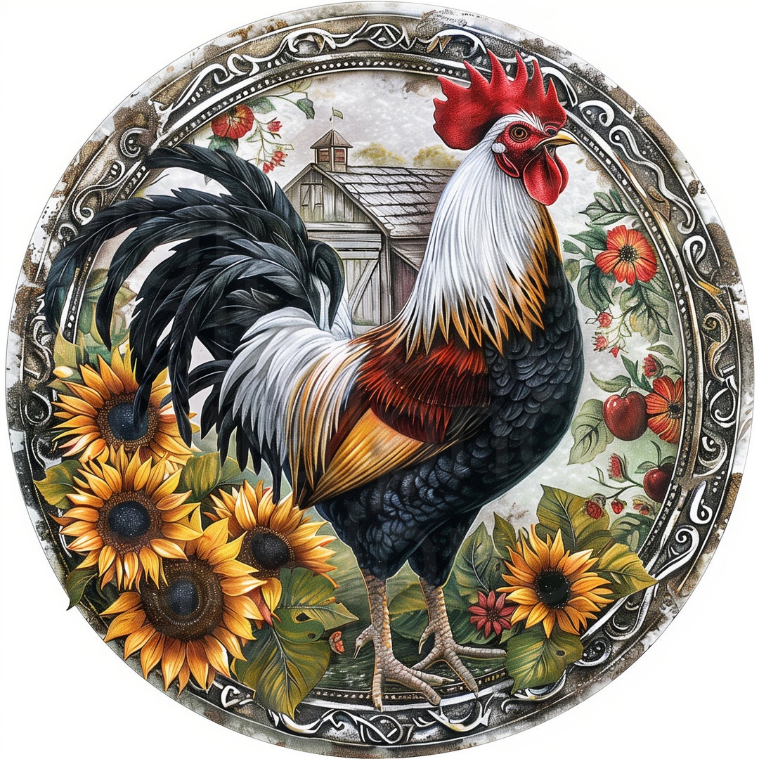 Rooster and Farm Round Png Sublimation Digital Design Download Wreath ...