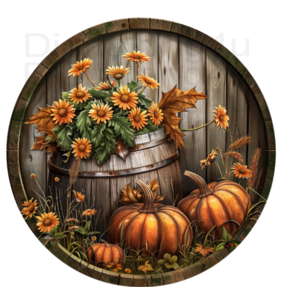 Whiskey Barrel and Fall Flowers Rustic Round PNG Sublimation Digital ...