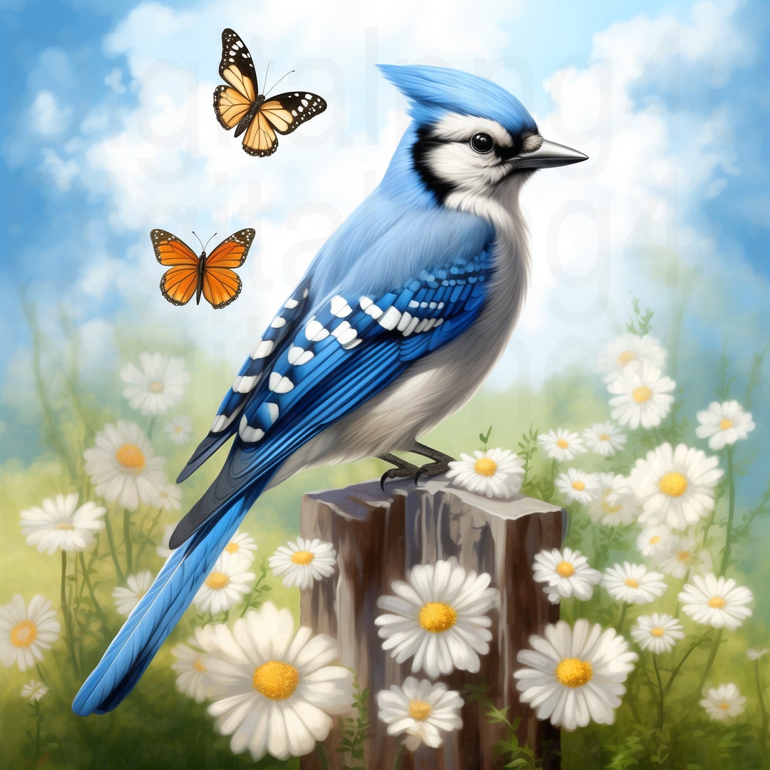 Blue Jay and Daisies and Butterflies Png Sublimation Digital Design ...