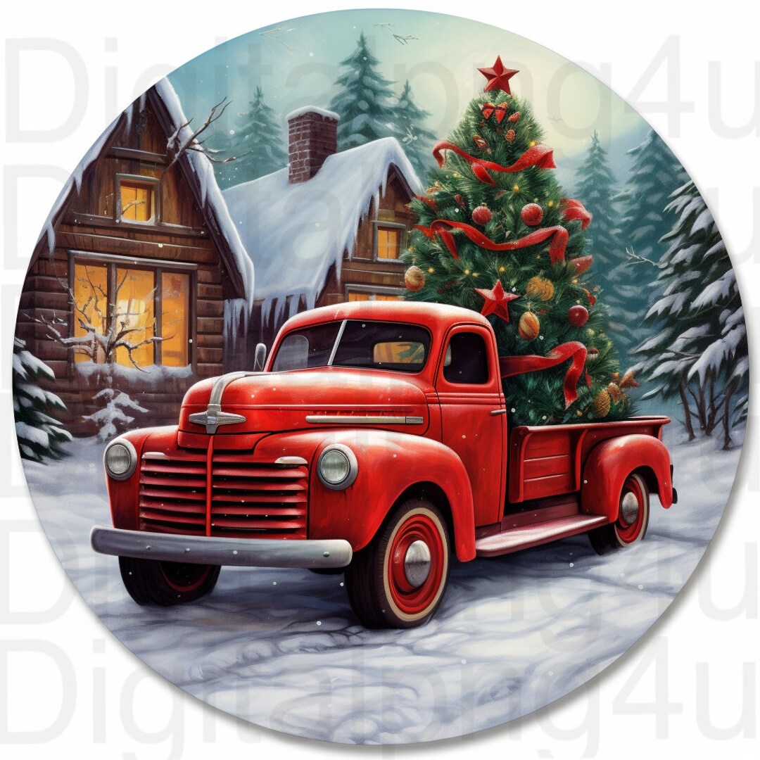 Red Truck Christmas Tree Round Png Sublimation Digital Design Download ...