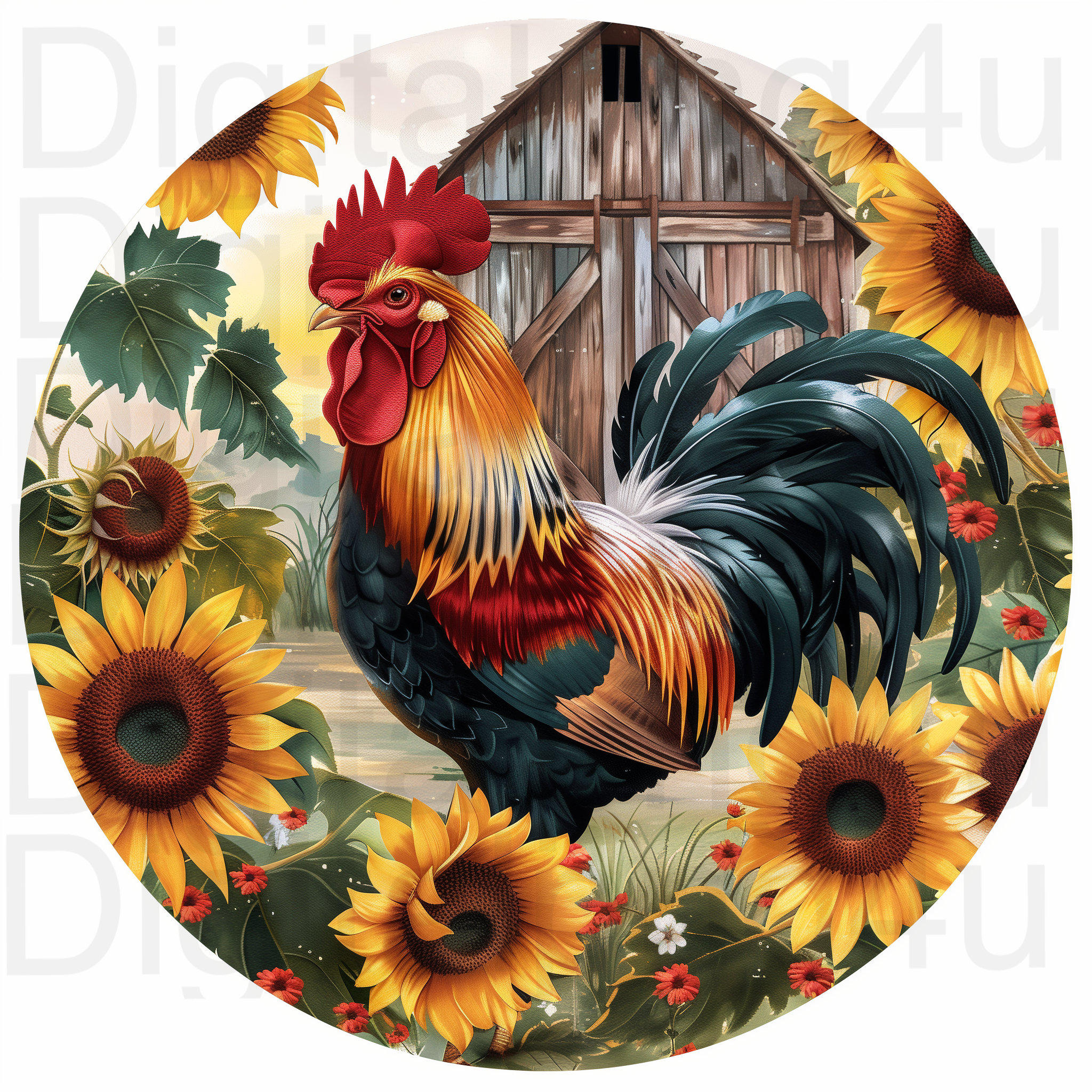 Rooster and Sunflowers Round Png Sublimation Digital Design Download ...