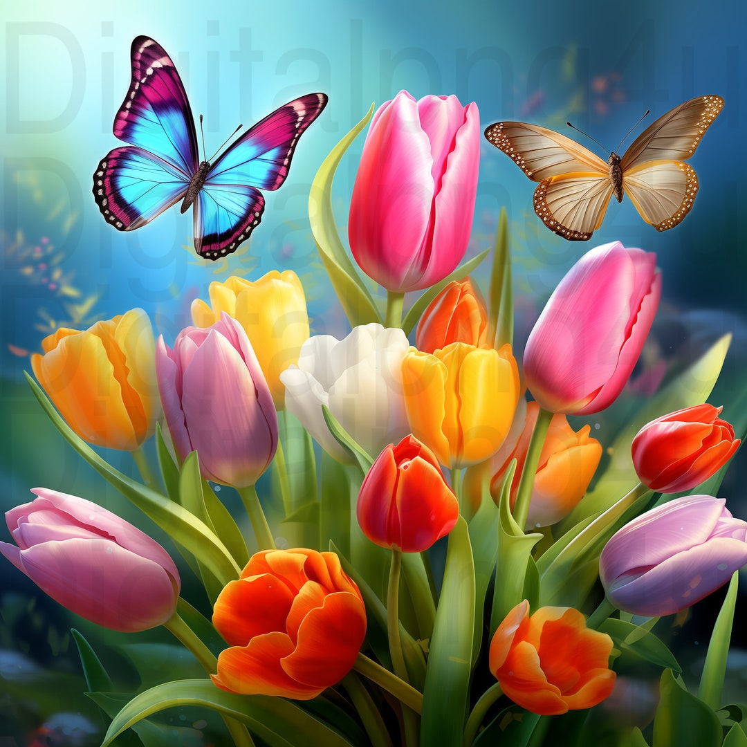 Butterfly and Tulips Spring Png Sublimation Digital Design Download ...
