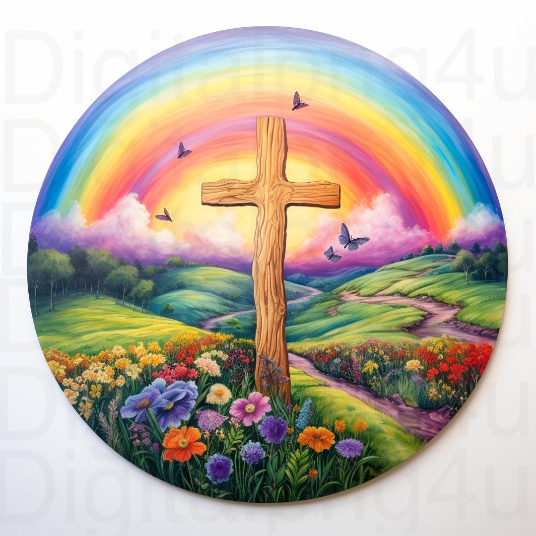 Beautiful Cross and Rainbow Round Png Sublimation Digital Design ...