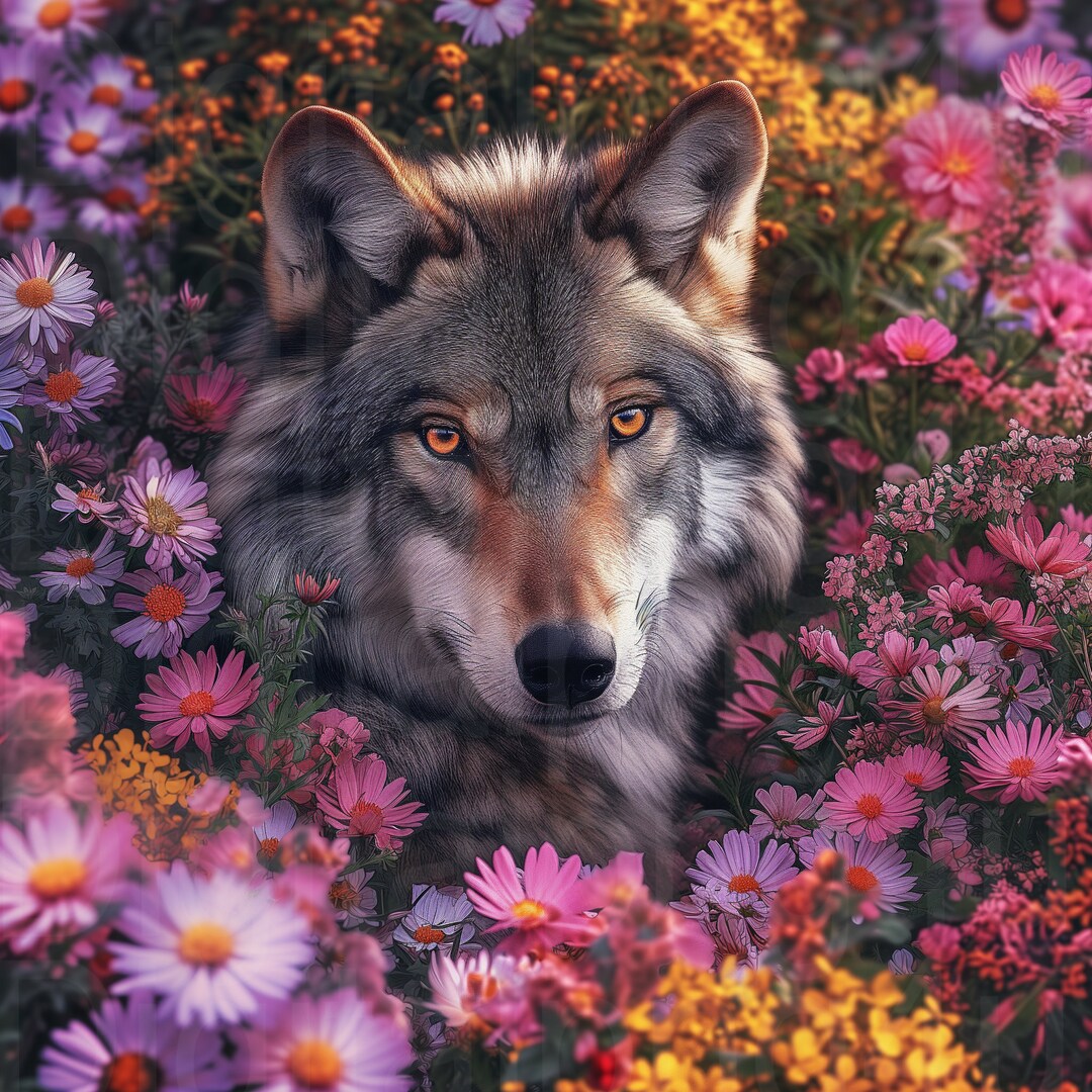 Wolf and Flowers Png Sublimation Digital Design Download Wreath Sign ...