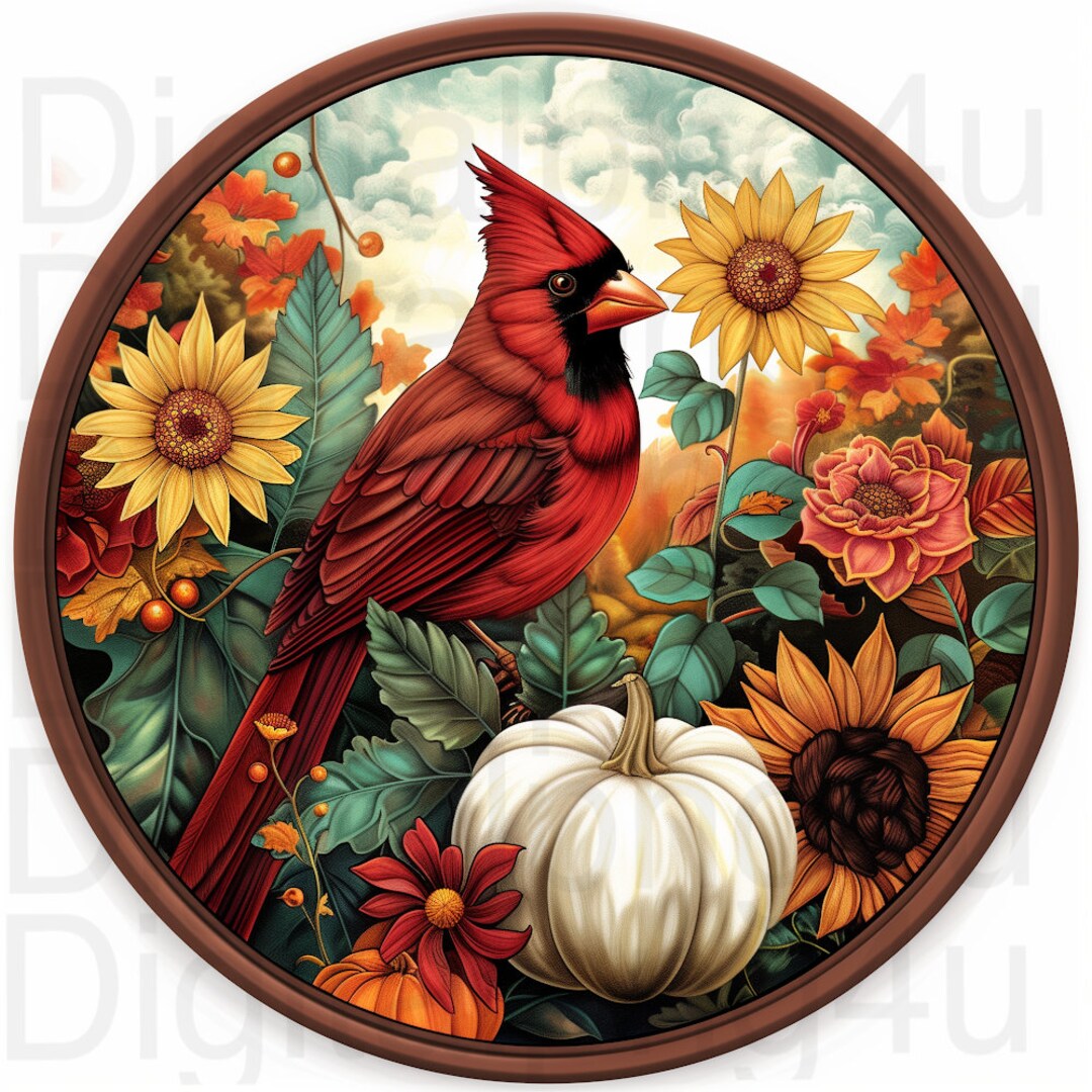 Cardinal and Pumpkins Round Fall PNG Sublimation Digital Design ...