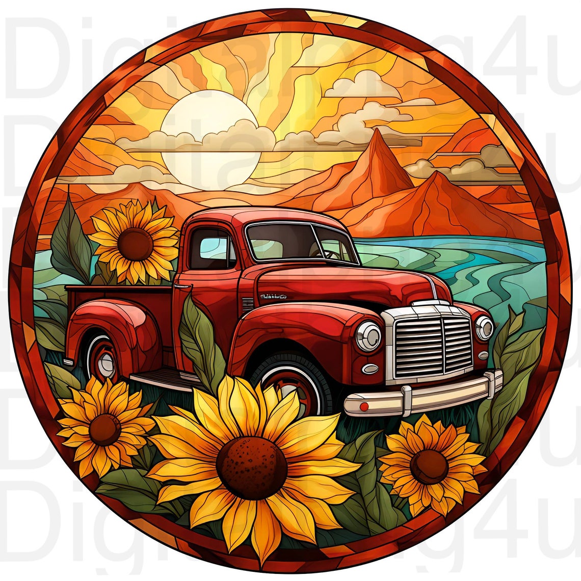 Fall Red Truck Stained Glass Round Png Sublimation Digital - Etsy