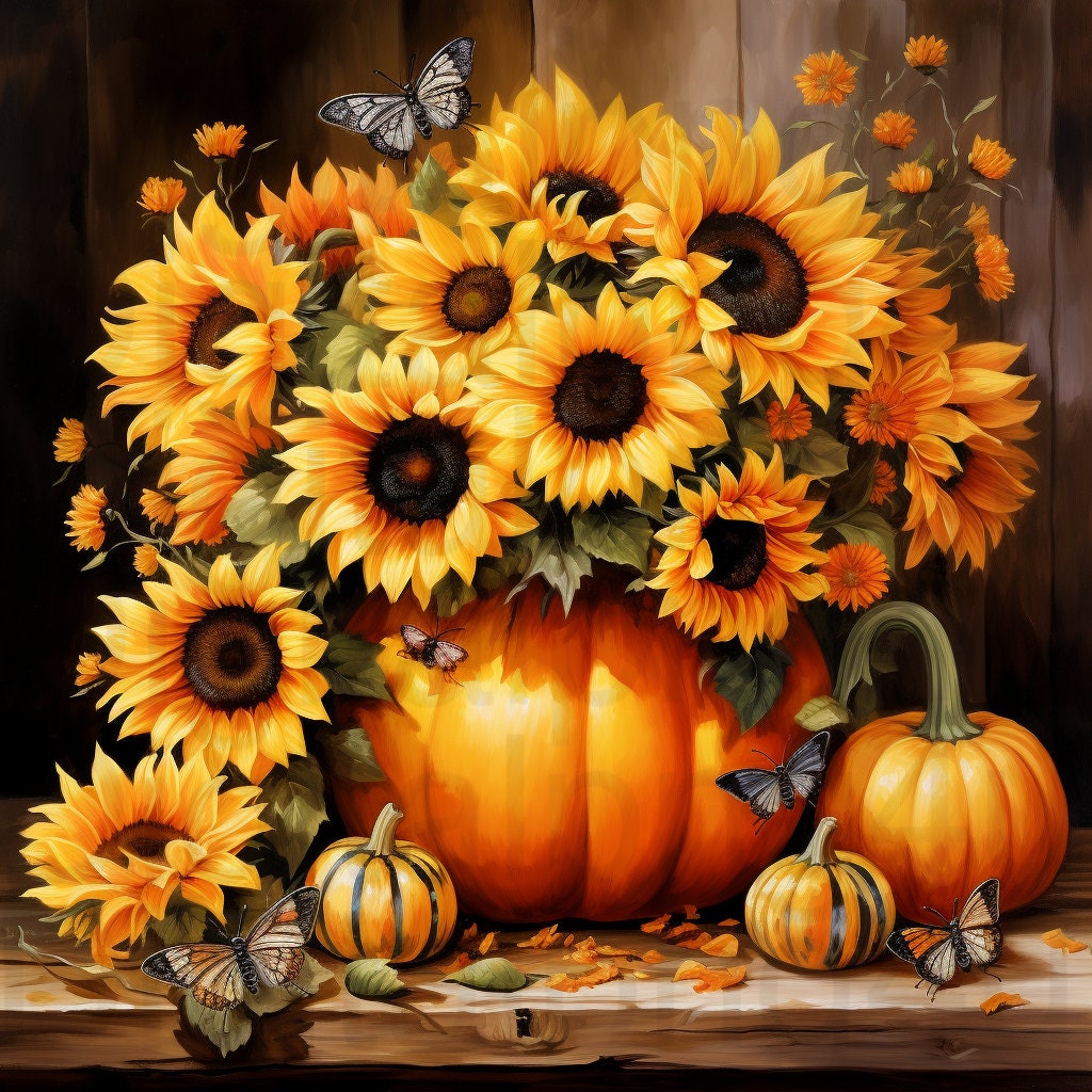 Pumpkins Sunflowers Butterflies Fall Flowers Png Sublimation Digital ...