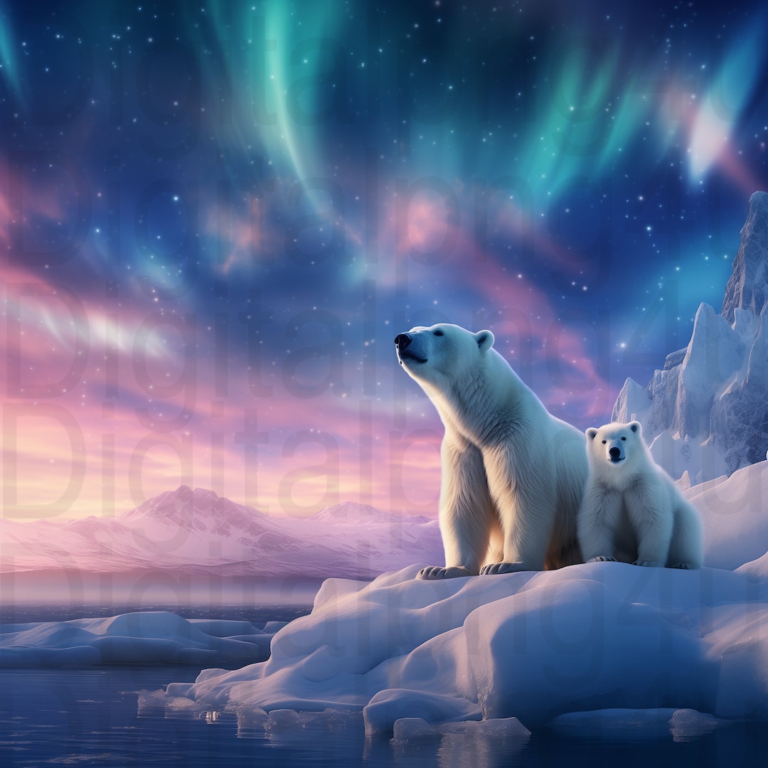 Polar Bears Northern Lights Winter Png Sublimation Digital Design ...