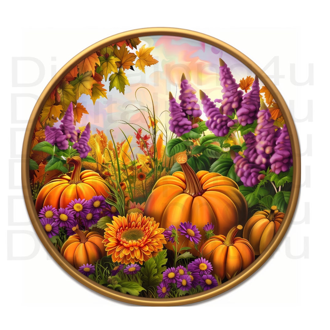 Pumpkins and Flowers Round PNG Sublimation Digital Design Download Fall ...