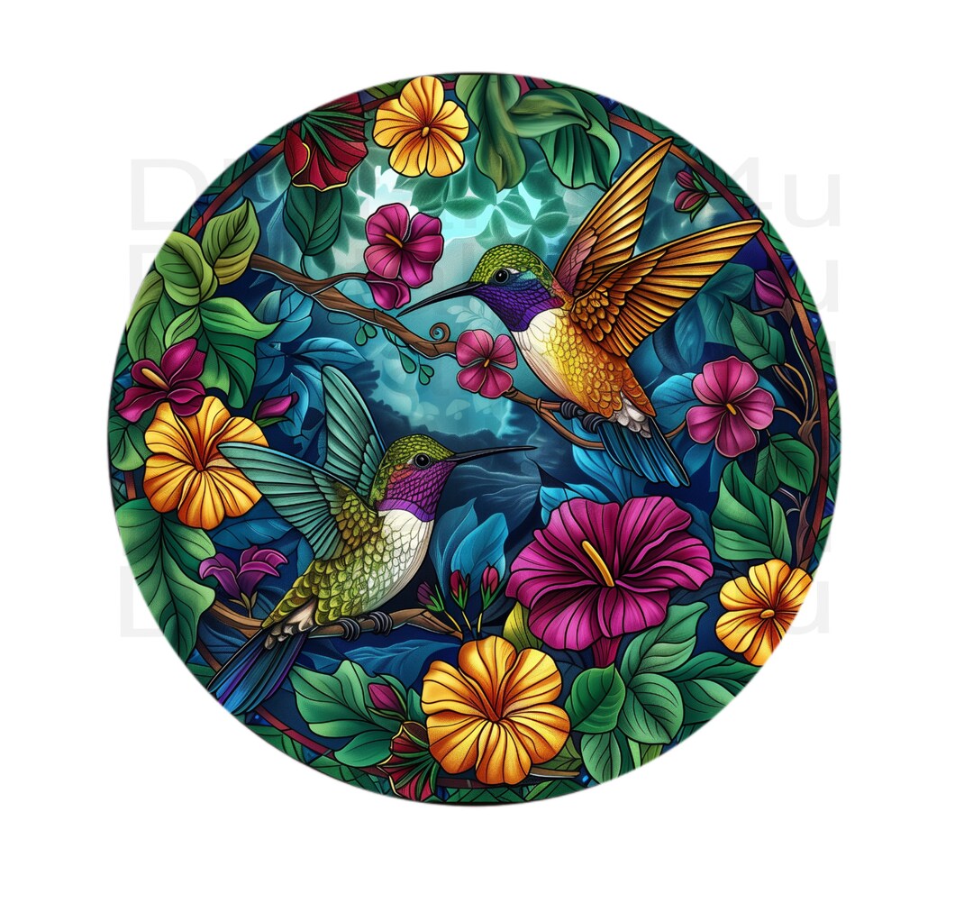 Hummingbirds Round Stained Glass Style Png Sublimation Digital Design ...