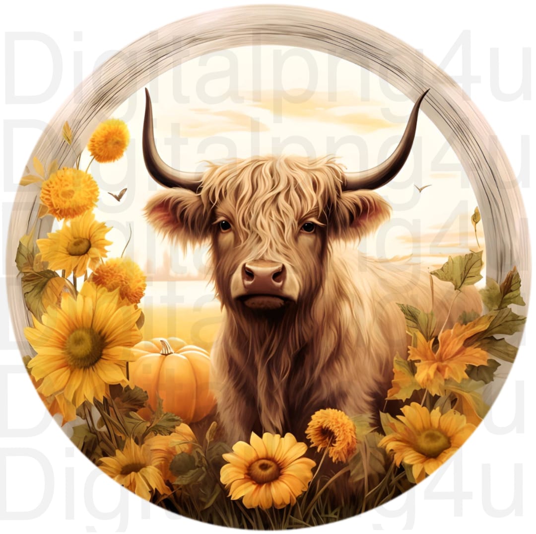 Highland Cow Sunflowers Fall Round Png Sublimation Digital Design ...