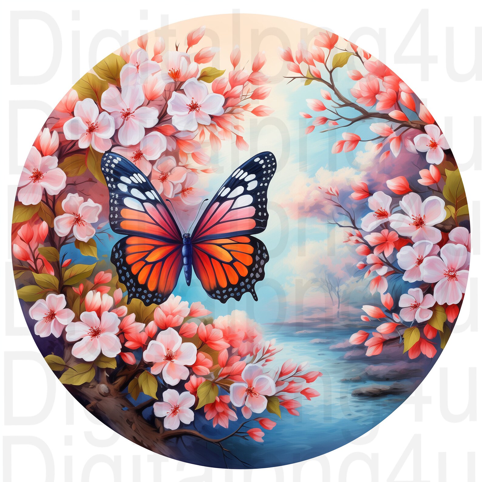 Beautiful Spring Time Butterfly and Flowers Round Png Sublimation ...