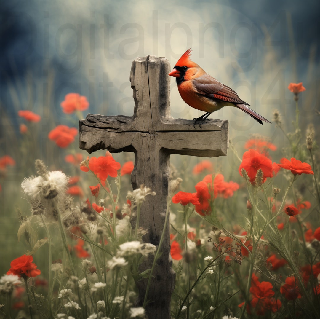 Cardinal and Old Rustic Cross Png Sublimation Digital Design Download ...