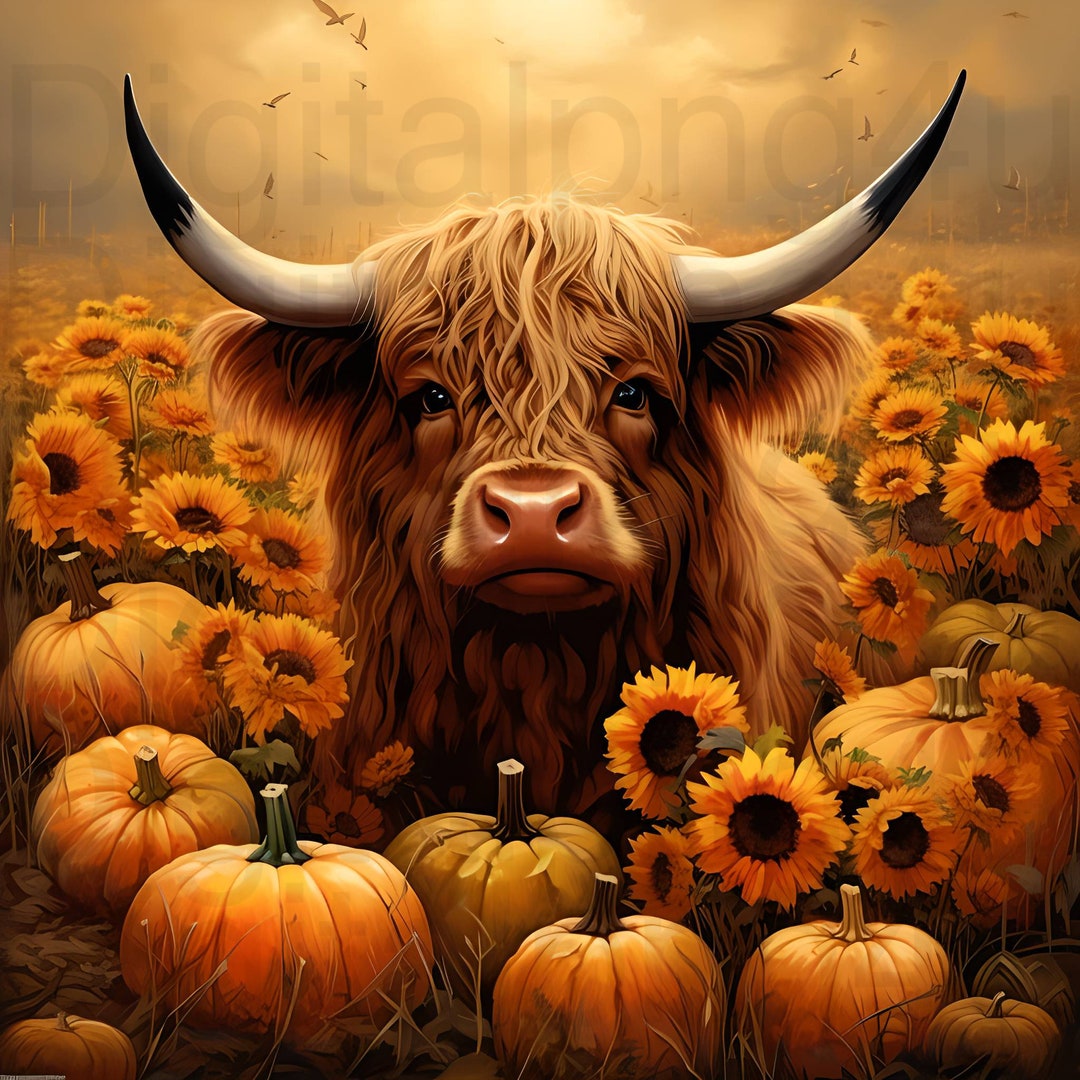 Highland Cow Sunflowers Pumpkins Fall Autumn Western Png Sublimation ...