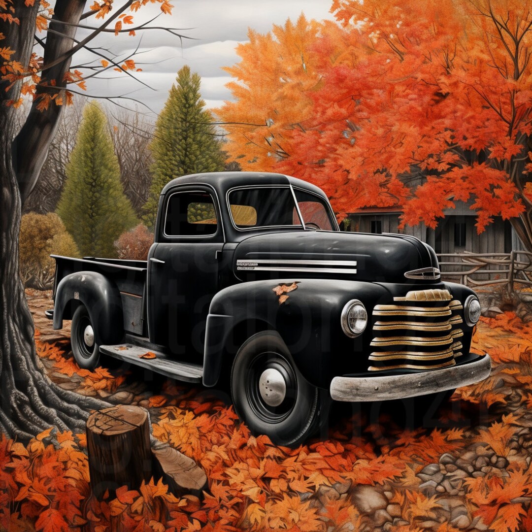 Old Black Truck Fall Farm Scene Png Sublimation Digital Design Download ...