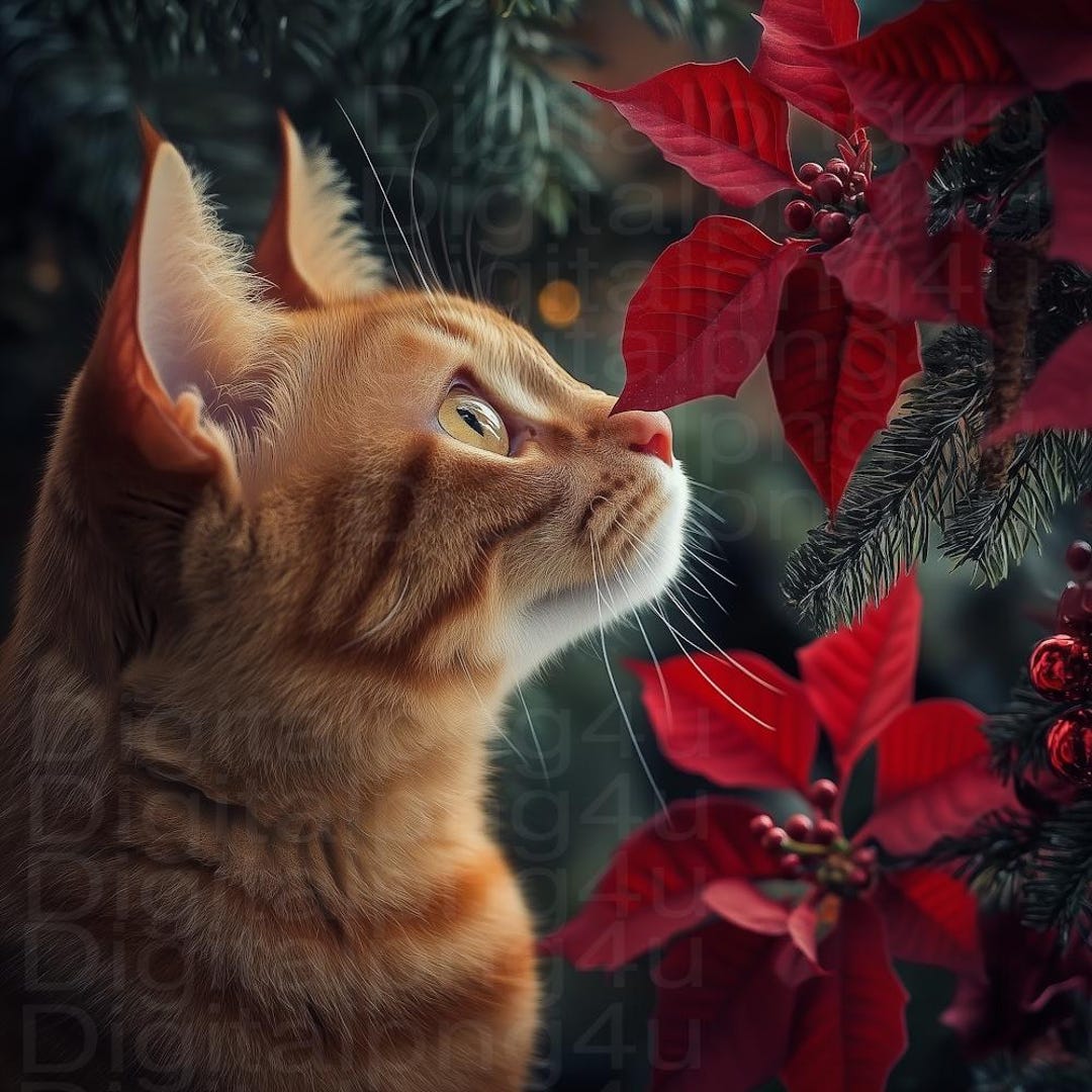 Cat Christmas Poinsettia Cute Orange Cat PNG Sublimation DIGITAL DESIGN ...
