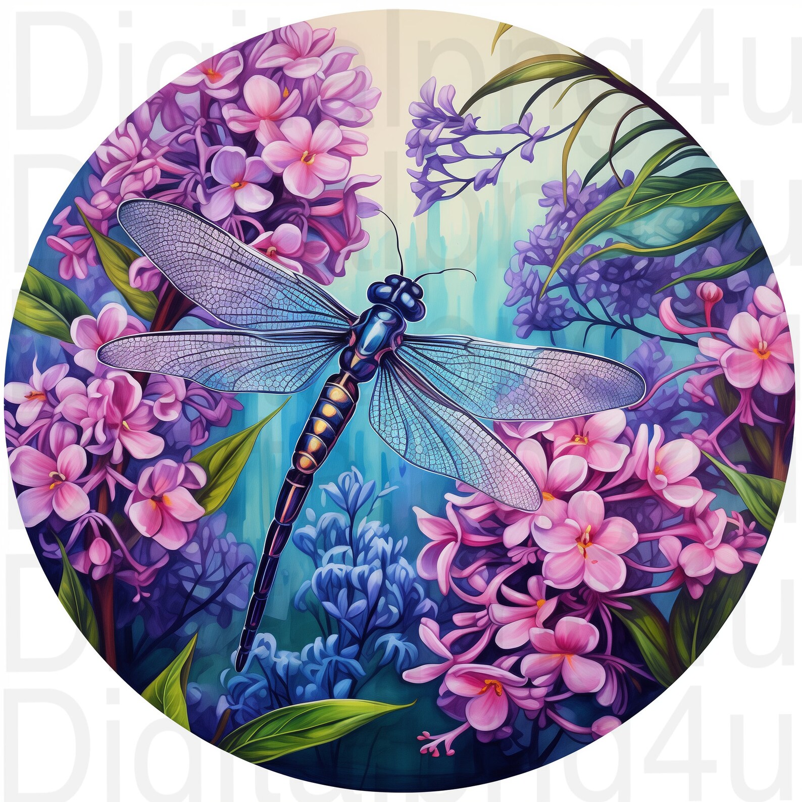 Dragonfly and Flowers Round Png Sublimation Digital Design Download ...