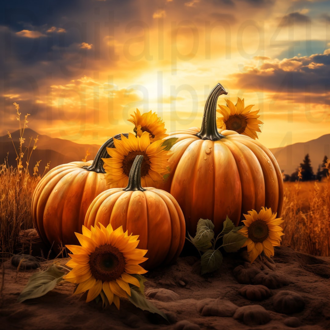 Beautiful Fall Pumpkins and Sunflowers Scene Png Sublimation Digital ...