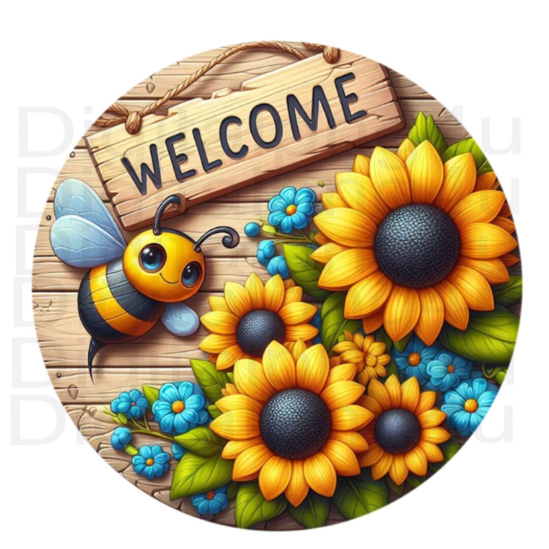Bee and Sunflowers Welcome Round PNG Sublimation Digital Design ...