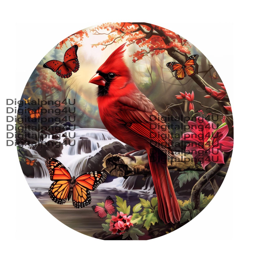 Cardinal and Butterflies Round PNG Sublimation DIGITAL DESIGN Download ...