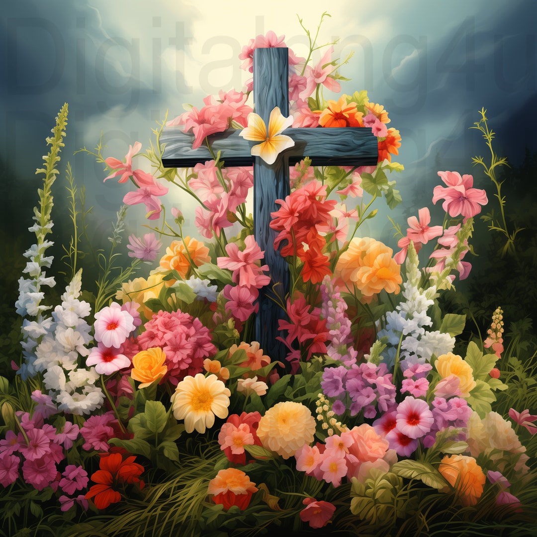 Cross and Flowers Spring Png Sublimation Digital Design Download Wreath ...