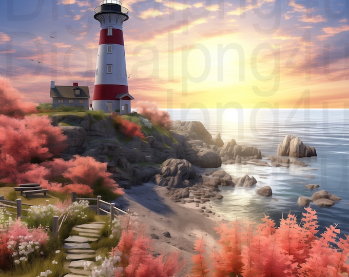 DIGITAL - PNG Lighthouse and Row Boat on the Beach - Round Digital File ...