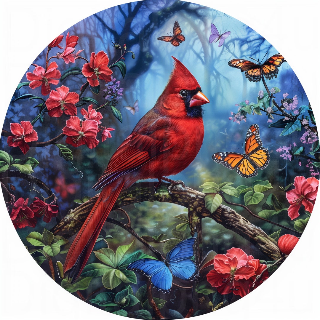 Cardinal and Flowers Round Png Sublimation Digital Design Download ...