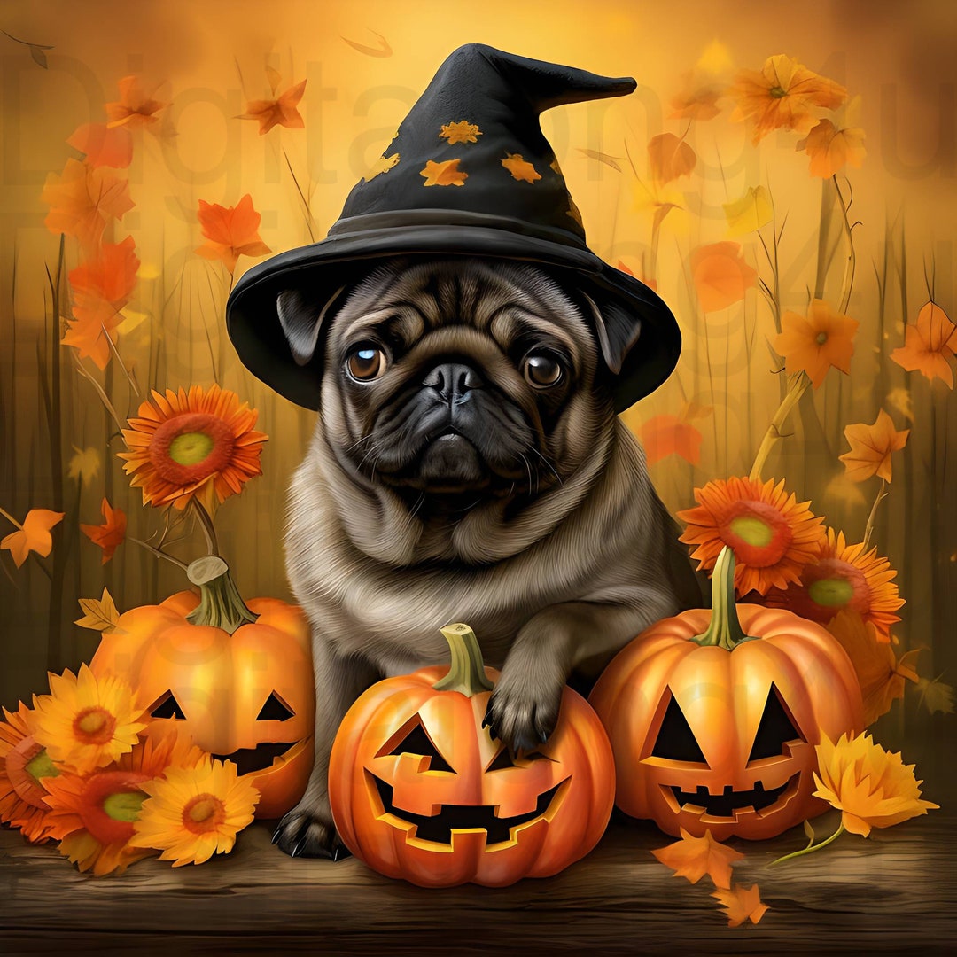Pug Fall Halloween Witch Png Sublimation Digital Design Download Wreath ...