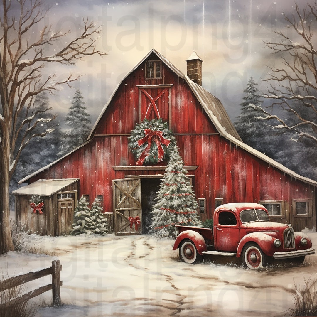 Rustic Red Truck and Barn Winter Christmas Scene Png Sublimation ...