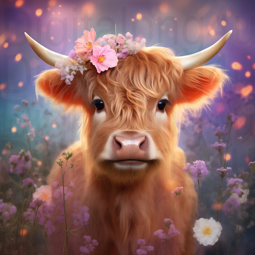 Beautiful Highland Cow and Flowers Spring Gnome Sublimation Digital ...